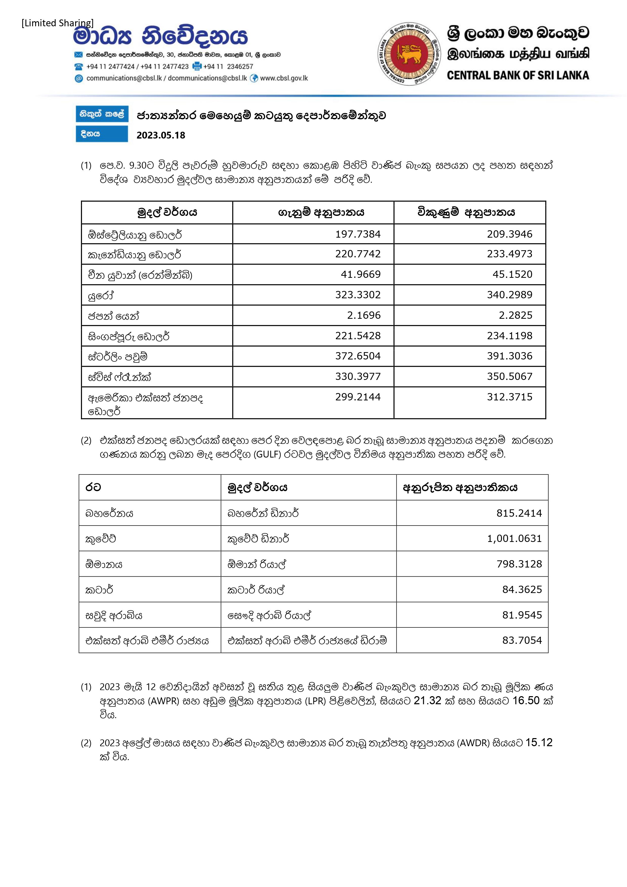 අද දිනයේ ශ්රී ලංකා මහ බැංකුව විසින් නිකුත් කළ විනිමය අනුපාත
